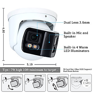 EmpireTech Security Camera Outdoor 4K Full-Color 2×4MP Dual-Lens 1/1.8" CMOS Smart Splicing IP POE Camera Outputs 180° Wide Angle, Two-Way Talk IPC-Color4K-T180 (White)
