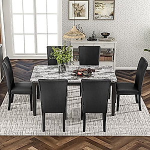 Woanke 7-Piece Set with 1 Faux Marble Dining Rectangular Upholstered-Seat 6, Table: 66in.Lx38in.Wx30in.H, Chair: 20.5in.Lx26.25in.Wx38.5in.H, 2-Black