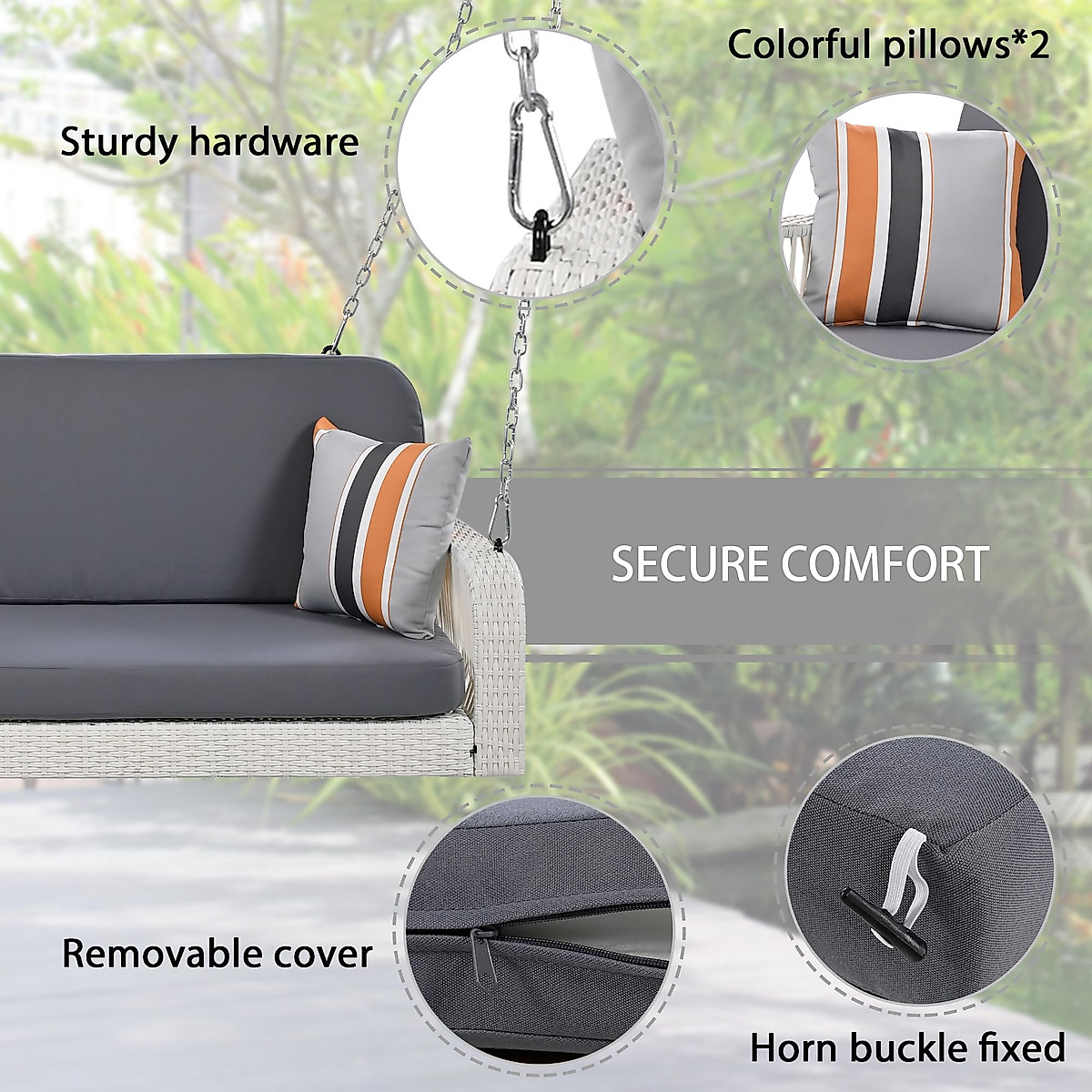 XD Designs Modern PE Wicker Porch Swing, 2-Seater Hanging Bench, 2 Person Front Hanging Porch Swing Bench with Chains, Cushion, Pillow for Backyard Garden Poolside, Max 500 Lb (White-FM)