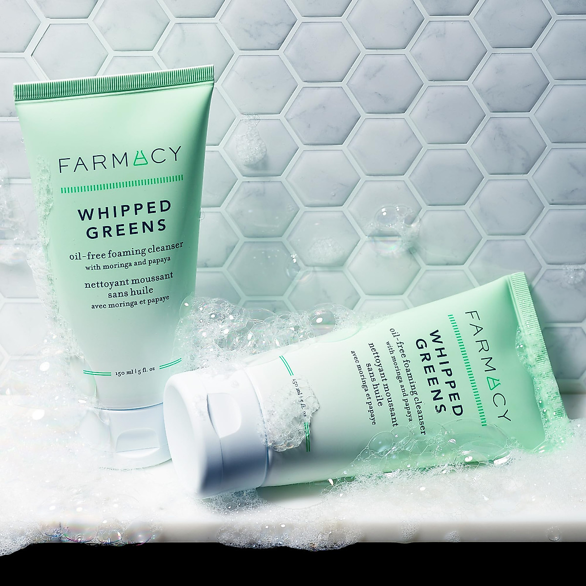 Farmacy Foaming Face Wash for Oily Skin - Whipped Greens Oil-Free Gentle Facial Cleanser + Exfoliator - Infused with Green Clay to Remove Impurities, Control Oil + Maintain Skin Hydration (150ml)