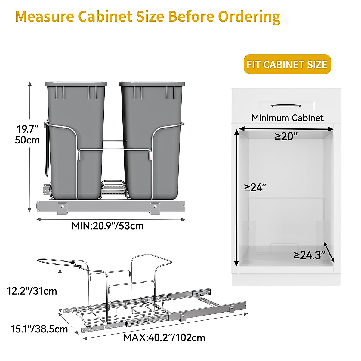 Double 32 Qt Pull-Out Trash Can Recycling Bin with Handle for 19.1" W x 24.8" D x 23.6" H Minimum Cabinets, Sliding Under Mount Kitchen Waste Garbage Container with Full-Extension Slides, Gray