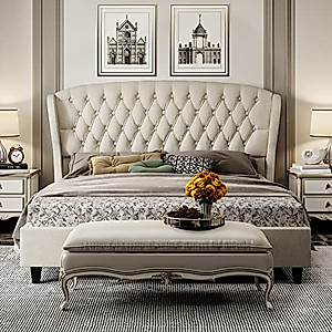 PaPaJet Queen Size Platform Bed Frame, Linen Curved Upholstered Bed with Shell Wingback Headboard/Deep Button Tufted/No Box Spring Needed/Beige