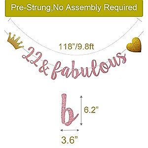 22 & Fabulous Banner, Pre-Strung, No Assembly Required, Funny Rose Gold Paper Glitter Party Decorations for 22nd Birthday Party Supplies, Letters Rose Gold,ABCpartyland