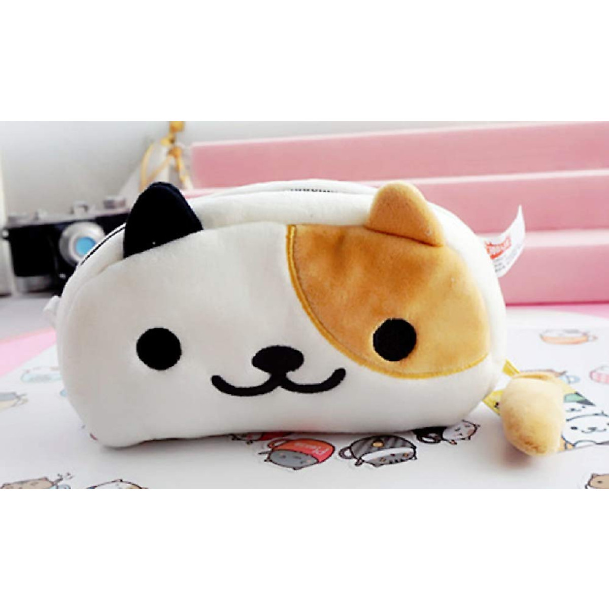 GK-O Cute Cat Plush Pencil Case Pen Bag Cartoon Make Up Cosmetic Bag (White Yellow)