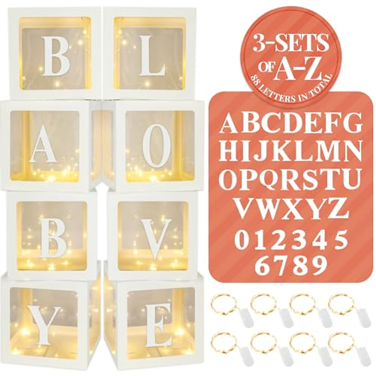 Sratte Balloon Box with Letters and Numbers Clear Blocks Boxes with LED Lights for Shower Party Decorations Birthday Wedding Graduation Party Supply, No Balloons(White, Warm White,8 Pcs)