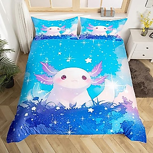 Feelyou Kids Cute Axolotl Bedding Set Twin Size, Galaxy Duvet Cover Cartoon Salamander Comforter Cover Boys Girls Glitter Rainbow Teens Bedspread Cover Bedroom Decor Zipper (No Comforter)