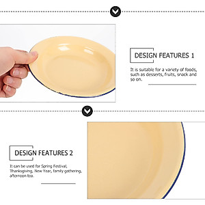 Yardwe Enamel Plate, 4PCS Enamelware Dinner Plate Serving Platter Tray, Retro Yellow Round Shallow Bowls with Blue Rim for Pasta, Salad- Durable and Reusable