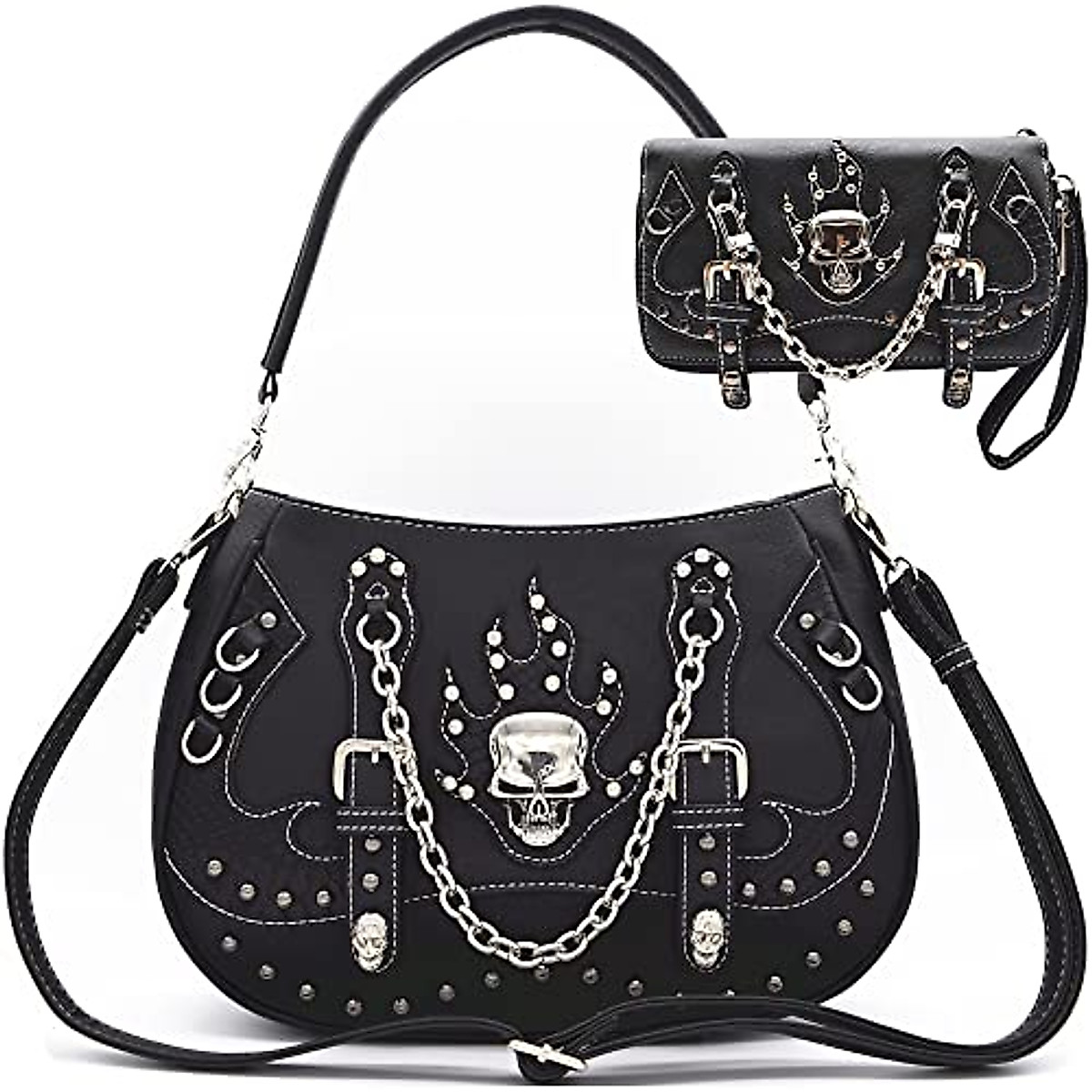 Punk Gothic Rock Metallic Skull Chain Purse Skeleton Leather Shoulder Bag Crossbody Bag Satchel Women Handbag Wallet Set (Black Set)