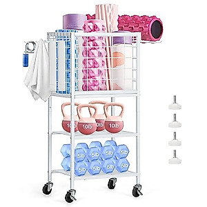 Home Gym Storage Rack, Workout Equipment Storage, Weight Rack for Dumbbells, Yoga Mat Storage Rack, Exercise Equipment Storage with Hooks Gym Organizers with Wheels for Yoga Block, Resistance Band, White