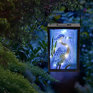 TERESA'S COLLECTIONS Glass Decorative Hanging Outdoor Solar Lanterns Bundle(2PCS) | Bee Gathering Honey Lantern and Blue Heron Lantern for Home Garden Patio Lawn Yard Decor