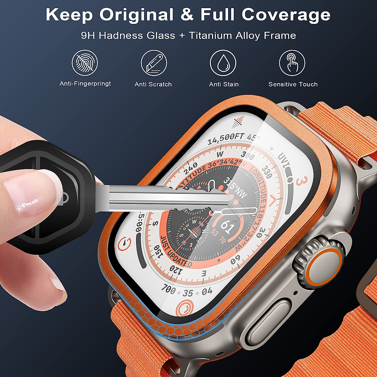 WSKEN for Apple Watch Ultra Screen Protector 49mm, 9H Tempered Glass + Titanium Alloy Frame, Lightweight Protective Glass Film for iWatch Ultra 2 Pack, Orange