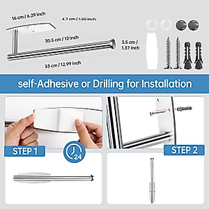 Paper Towel Holders Wall Mount Under Cabinet 13.2In Self Adhesive Drilling SUS304 Stainless Steel Vertically Horizontally for Kitchen Bathroom Door Inside Outside Rustproof Rack