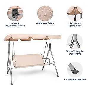 Vilobos Outdoor Patio Swing Chair, Porch Swing Bench with Adjustable Canopy&Duracble Metal Stand, Patio Swing Set for Backyard, Porch and Garden, Beige