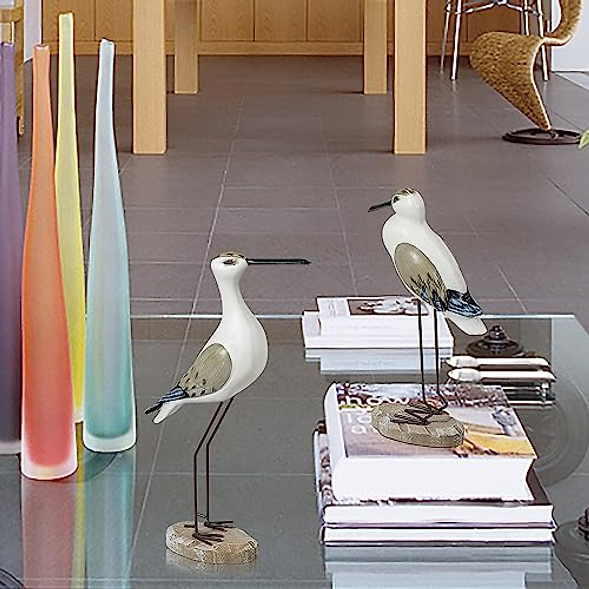 EVINIS 2Pcs Wooden Seagull Figurines, Mediterranean Style Bird States Ornaments for Beach,Garden, Backyard,Balcony, Living Room Decoration