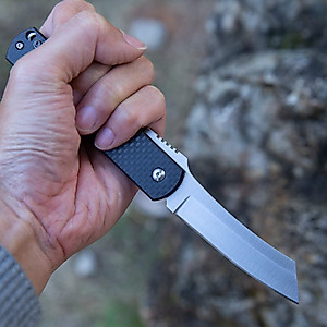 NEWOOTZ Handmade Higonokami Razor Folding Pocket Knife with Clip and Sheath,3in D2 Steel Blade,Carbon Fiber Liner Lock Handle EDC Knives for Men