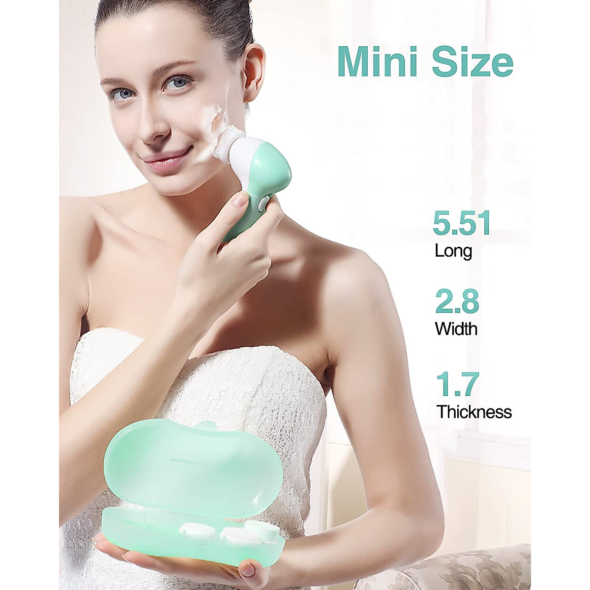 TOUCHBeauty Portable Facial Brush Set with Case & 3 Spin Brush Heads, 0.055mm Deep Pores Cleansing Bristle, Soft Silicone Massager Brush Face Exfoliator Brushes, Mini Travel Size Battery Powered