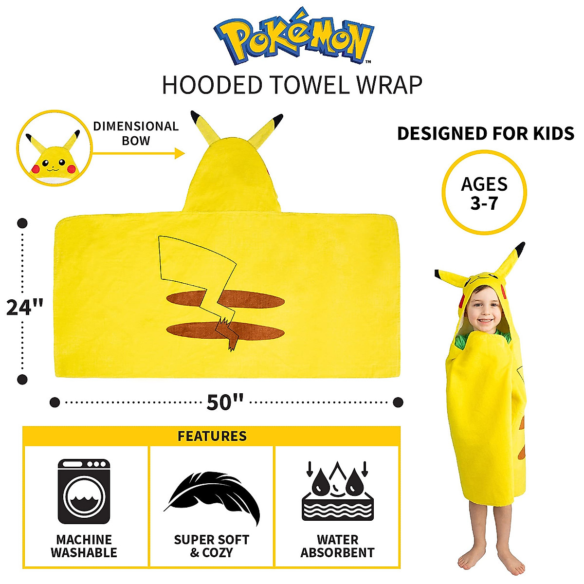 Pokemon Pikachu Bath/Pool/Beach Soft Cotton Terry Hooded Towel Wrap, 24" x 50", By Franco Kids