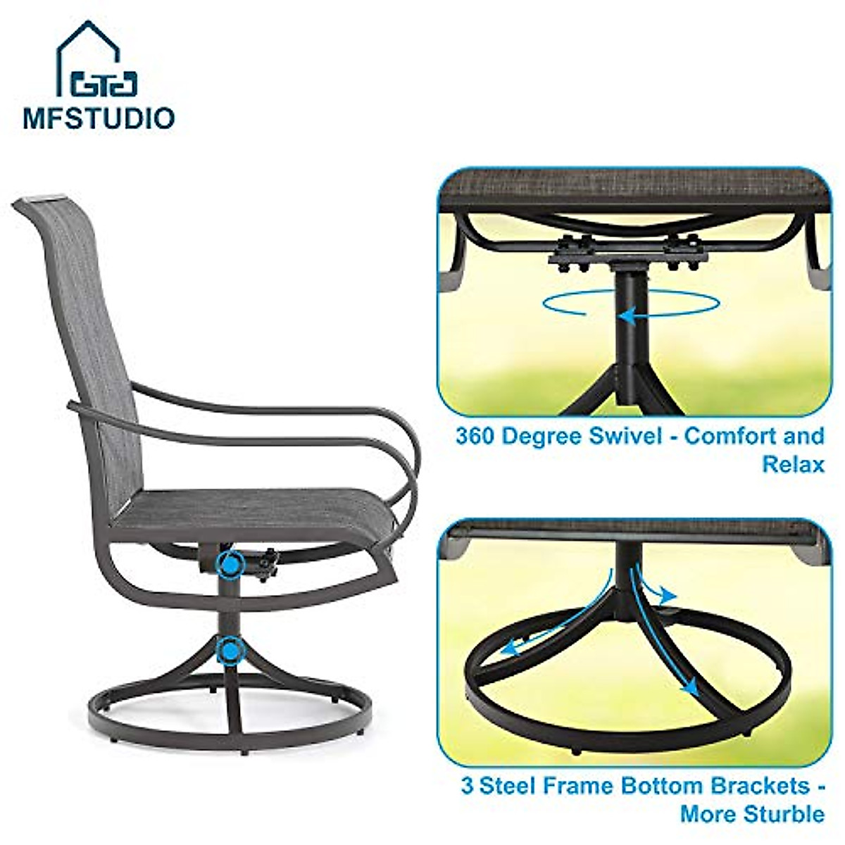 MFSTUDIO 5 Piece Patio Dining Set, 37" Square Outdoor Wood-Like Table and 4 Sling Swivel Chairs for Garden,Backyard,Poolside