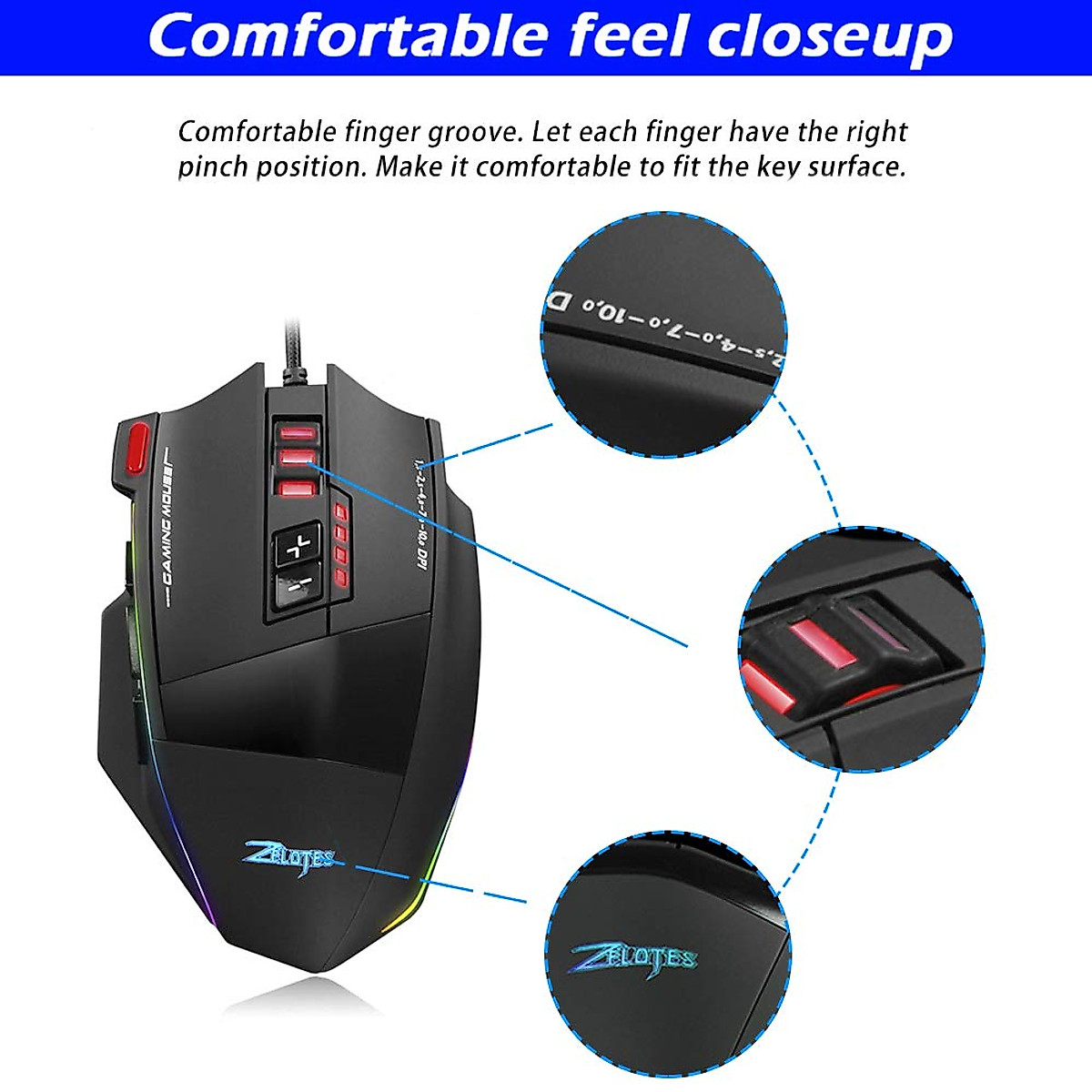 Zelotes C13 Gaming Mouse, AFUNTA LED Optical Gaming Mouse Wired with 13 Programmable Buttons, Compatible with PC Mac Laptop, DPI 1500/2500/4000/7000/10000