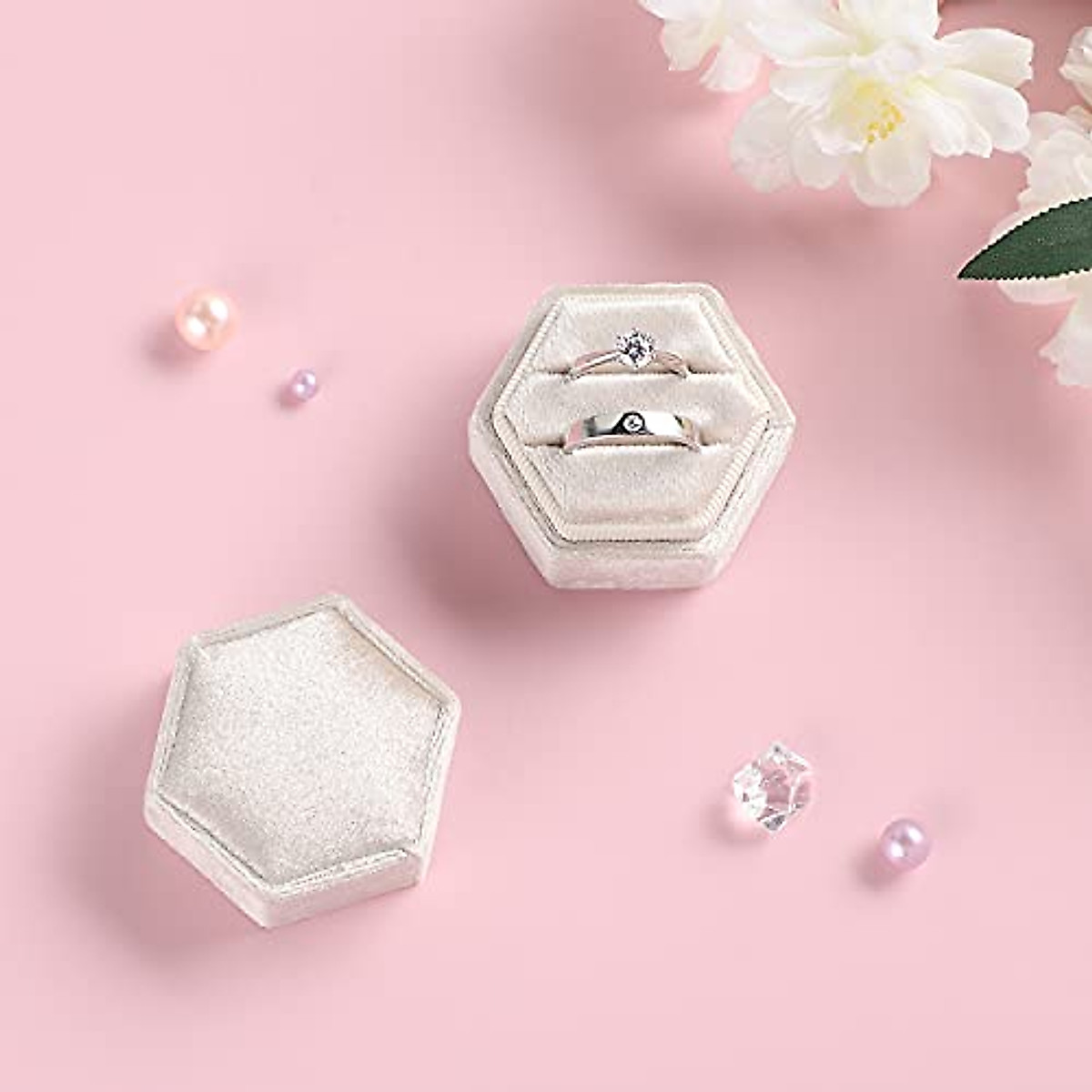 Etercycle Velvet Jewelry Ring Box, Hexagon Premium Gorgeous Vintage Double Ring Gift Box with Detachable Lid for Proposal Engagement Wedding Ceremony(Beige)