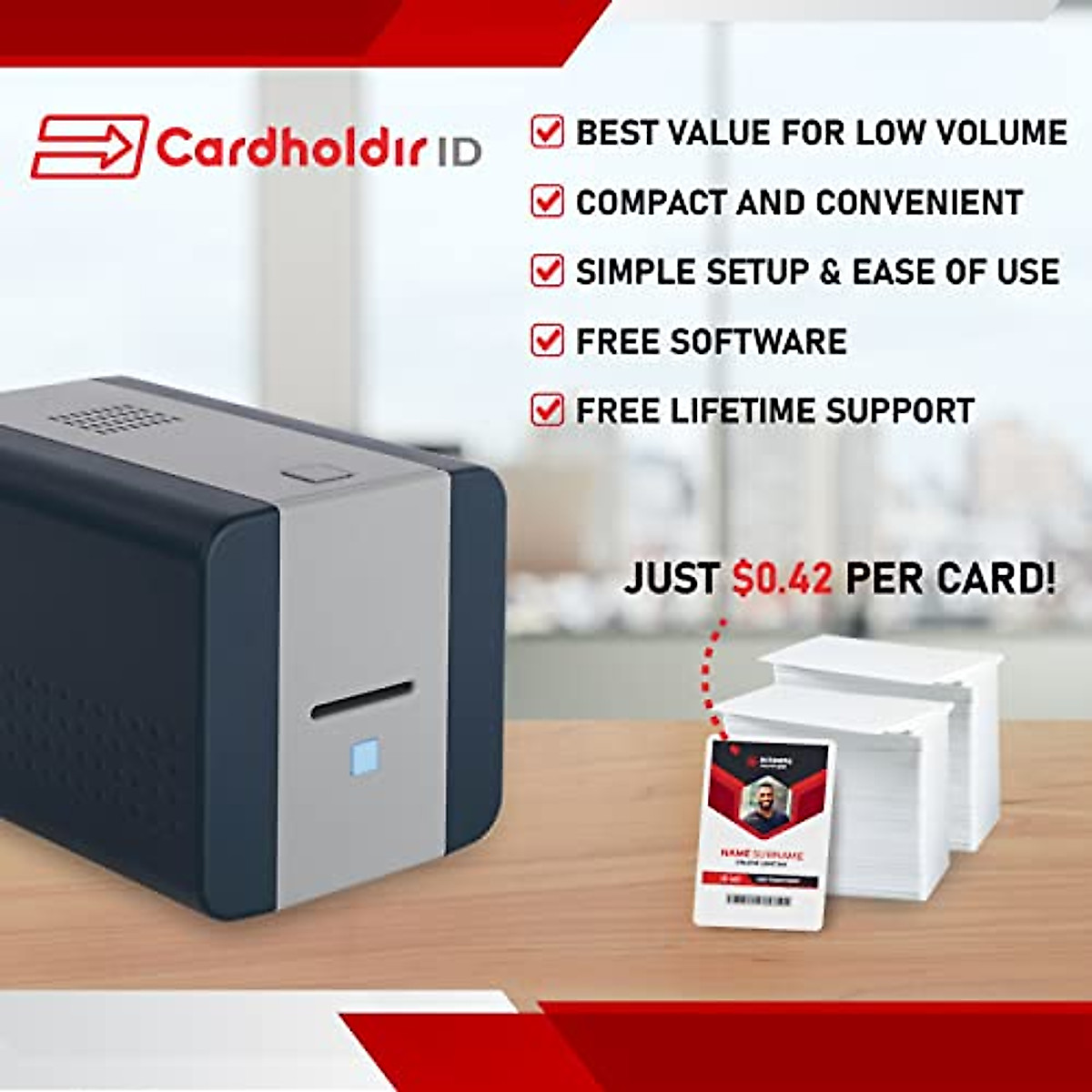 Cardholdir ID Solid 210 Badge Printer | with Beginner Software, 200 Blank ID Cards, Slot Punch, 200 Strap Clips, & 1 Color Ribbon | Single Sided ID Card Printer