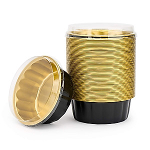 Beasea Disposable Ramekins with Lids, 8 oz 50 Pack Black Gold Aluminum Foil Cups, Disposable Creme Brulee Muffin Cupcake Baking Cup Mini Pudding Cups for Party Wedding Birthday