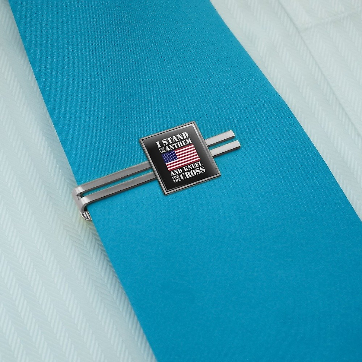 I Stand For The Flag Kneel Cross USA American Flag Patriotic Square Tie Bar Clip Clasp Tack Silver Color