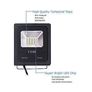 WeDo 10W Ultra Bright Outdoor SMD LED Flood Light Reflector IP66 Waterproof Wall Garden Home Yard Hotel Pathways Security Lights with US Plug Daylight White 6500K