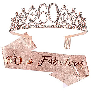 Semato 60 & Fabulous Birthday Crown and Sash Kit- 60th Birthday Gifts for Women 60th Birthday Party Decorations (rose gold)