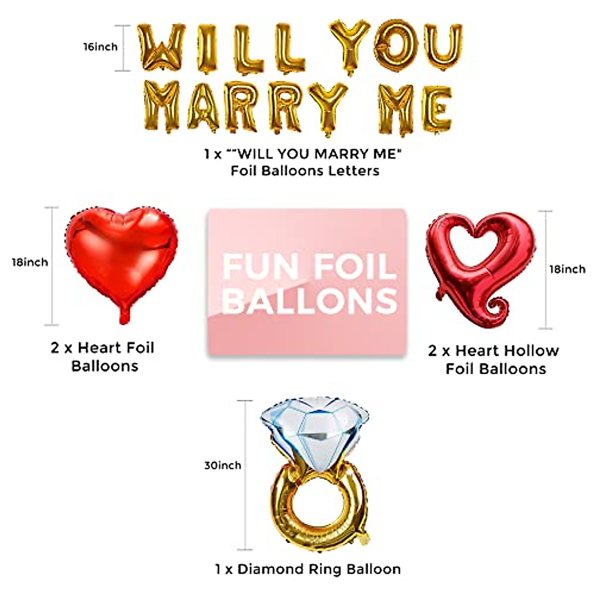 Will You Marry Me Decorations Balloon Gold – Wedding Proposal Decorations Idea – Will You Marry Me Sign Banner – Diamond Ring Engagement Balloon – Rose Petals Heart Shaped Balloons for Valentines
