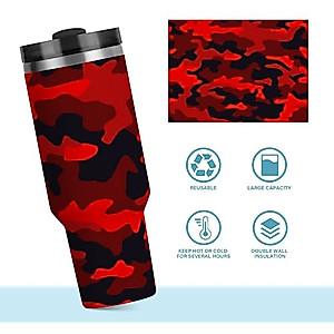Yasala Car Tumbler with Handle Military Camo Red Black Travel Mug Coffee Cup Insulated Beverage Container Mega Cup for Hot Cold Drinking Thermos Water Bottle Cupholder Friendly 40 oz