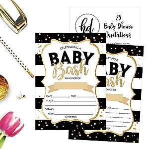 Hadley Designs - Black Gold Bash Baby Shower Invitations, Printable Shabby Chic Unique Custom Vintage Coed Twin Sprinkle Party Card Stock Paper Supplies - 25 Set