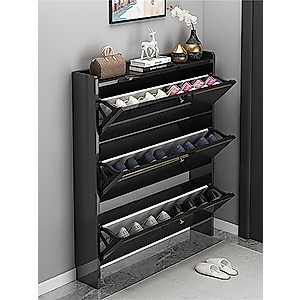 Shoe Cabinet with Doors, Shoe Storage Cabinet with 3 Flip Drawers for Entryway, Wood Narrow Shoe Rack, Tall Shoe Shelf for Living Room Porch Hallway, Black