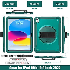 Batianda Case for New iPad 11 2025 A16 Chip/iPad 10th 10.9-inch 2022 Release Heavy Duty Rugged Shockproof Tablet Cover with 360° Rotating Hand Strap Foldable Hidden Stand & Shoulder Strap, Teal