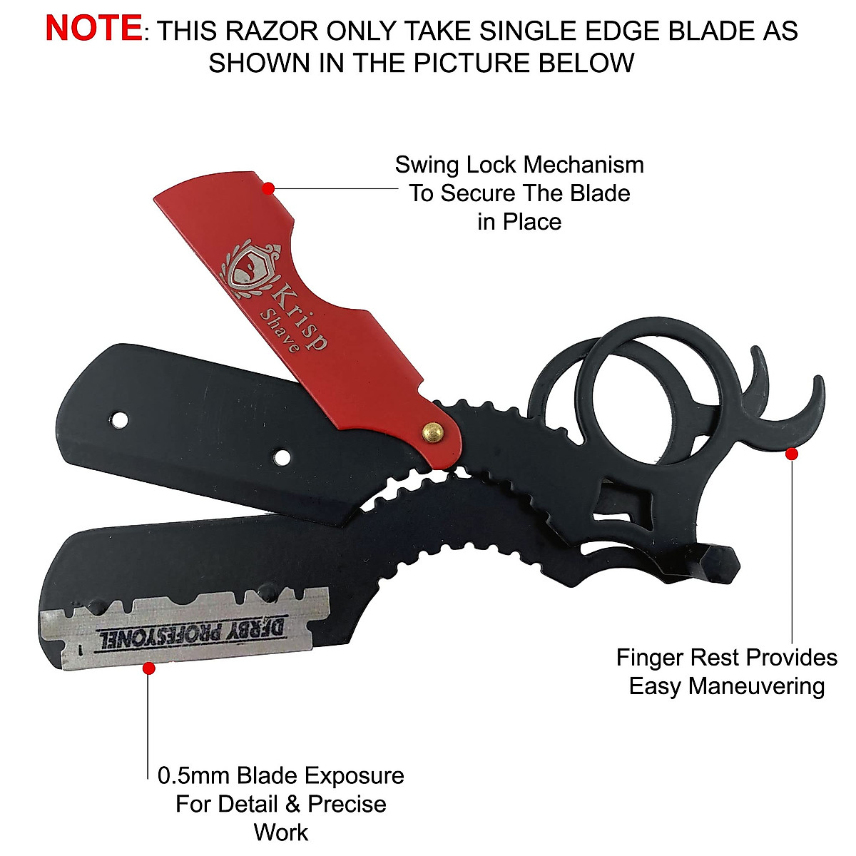 Professional Straight Razors For Men, Barber Razors Straight Edge Razor Kit For Close Shaving - Beard Cut Throat Finger Razor Safety Shavette With 10 Shaving Blades By Krisp Beauty (Black/Red)
