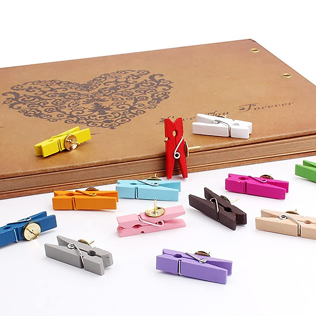 Push Pin Clips for Cork Board, 50 Pcs Colorful Push Pins with Wooden Clips Decorative Assorted Colors Thumbtack Pushpins Tacks for Bulletin Board Decorations, Artworks, Notes, Photos, Office and Home