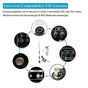 Fancasee Universal FM Antenna Magnetic Base 75 Ohm Screw F Male Plug with PAL BNC 3.5mm & 75 to 300 Ohm Connector Adapter Coax Coaxial Cable FM Radio Antenna for Home AV Stereo Receiver Indoor Outdoor
