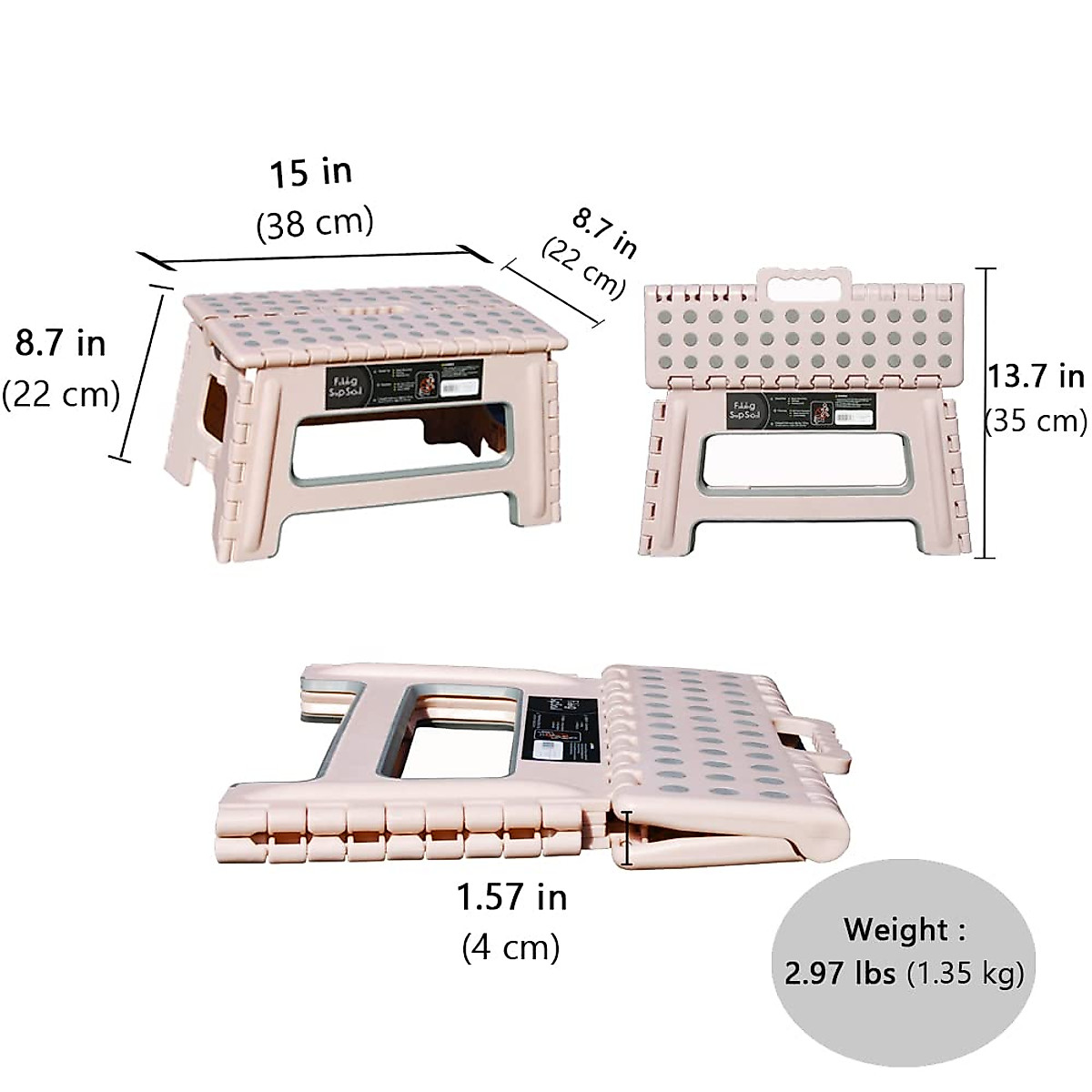 BEEANDEE Folding Step Stool - 9" Height - Holds up 300 Lbs Lightweight Foldable Stepping Stool is Sturdy Enough to Support Adults & Safe Enough for Kids. Skid Resistant and Open with one flip