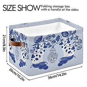 JUAMA Staffordshire Dogs in Chinoiserie Style Blue and White Porcelain Large Foldable Open Storage Bins With Handles Rectangular Baskets Cube for Closet Office Nursery Toys Bedroom Home Organizer 2 Pa