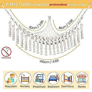 Stuffed Animal Hammock with LED Lights, 11.8Ft 75LEDs Preinstalled Toy Storage Macrame Hammock, Hanging Toy Nets for Kids Bedroom Nursery Doll Room Corner Organizer Hammock with Remote 8 Modes-White