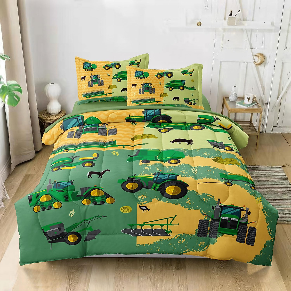 Leaflin Twin Construction Bedding Set for Boys Kids Farm Tractor Bedding 4 Pieces Cars Twin Comforter Set for Boys, Twin Truck Bed in a Bag Set Boys