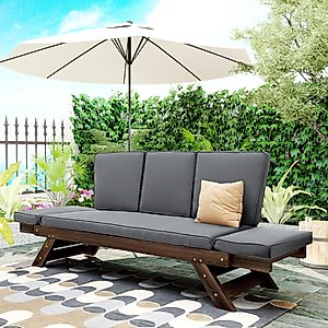 LUMISOL Outdoor Daybed, Convertible Chaise Lounge with Cushions, Adjustable Patio Wooden Furniture Sofa for Patio Balcony Porch Courtyard Poolside, Brown Finish+Gray Cushion