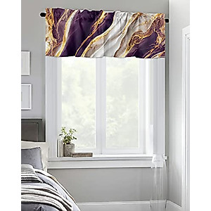 Window Curtain Valances for Kitchen Windows,Purple Gold White Marble Texture Rod Pocket Short Window Valance Natural Cracks Granite Stone Cafe Treatment Valance for Living Room/Bathroom/Bedroom
