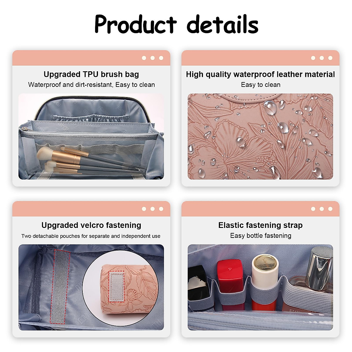 Travel Makeup Bags Cosmetic Organizer Bag: 3-Set Large Capacity Make up Bag - PU Leather Toiletry Bag for Women - Wide Open Portable Pouch with Divider & Handle