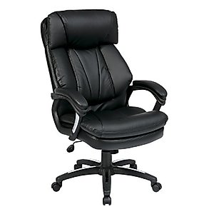 Office Star FL Series Oversized Faux Leather Executive Office Chair with Padded Loop Arms, Adjustable Height, Built-in Lumbar Support, and Tilt Control, Black