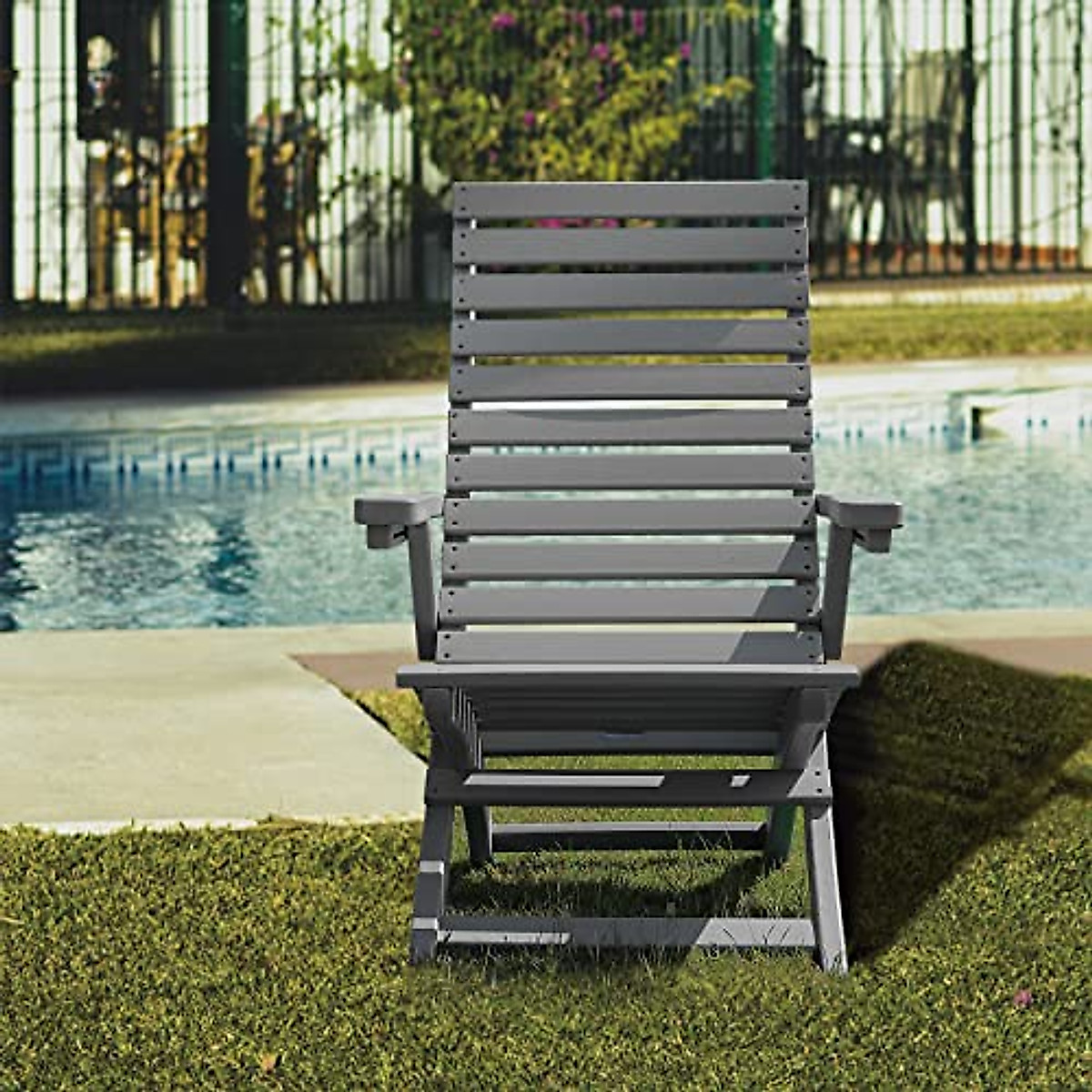 DAILYLIFE Patio Chairs, Resin Outdoor Chairs Free Installation with Retractable Armrest, 300lbs Capacity Weather Resistant Plastic Composite Chairs for Deck Garden Backyard Lawn Pool Beach, Slate Gray