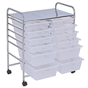 WELLFOR 12 Drawer Rolling Storage Cart Mobile Rolling Storage with Tray Cart for Office School Home Craft Organizer Bins (White)