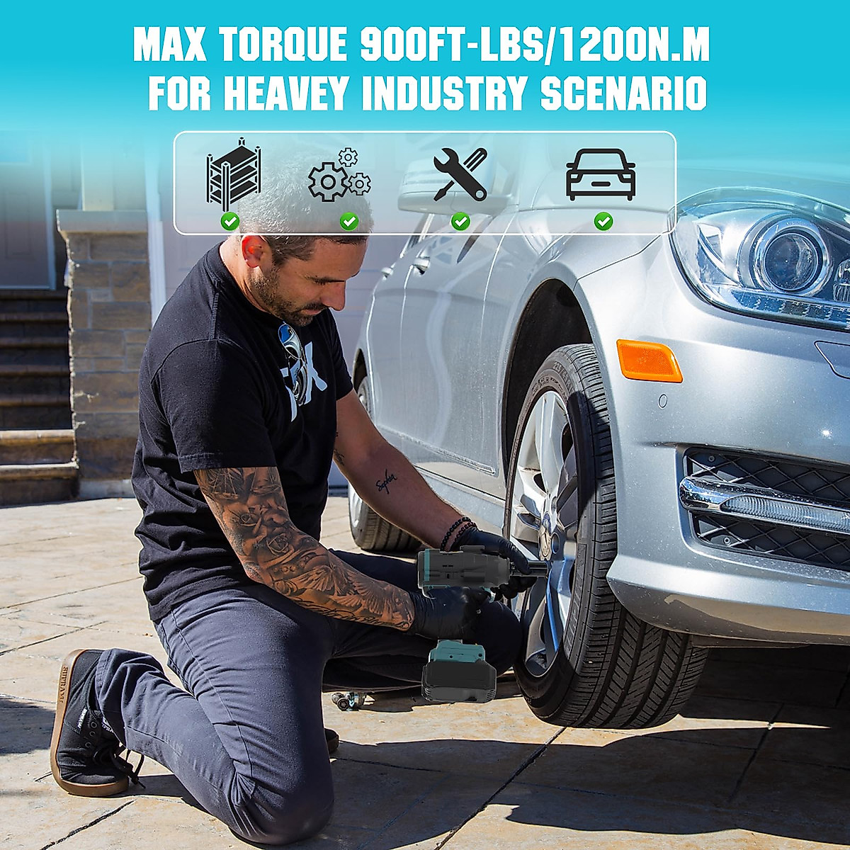 PFCTART Cordless 1/2 inch Brushless Impact Wrench, 1200Nm(900ft-lbs) High Torque Impact Gun w/2x 4.0Ah Batteries, Fast Charger & 6 Sockets, Tool Box