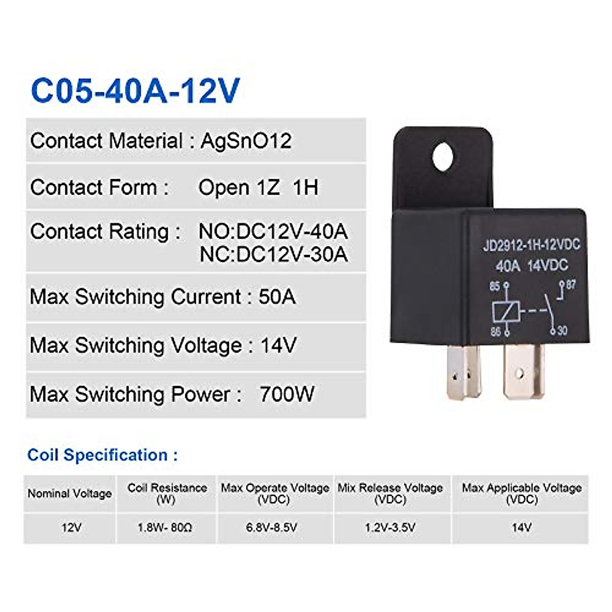 EHDIS Car Relay 4 Pin 12v 40amp Spst Model No.: JD2912-1H-12VDC 40A 14VDC, Auto Switches & Starters,Pack of 2