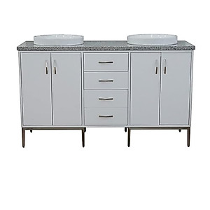 Tivoli 61" Double Round Sink Solid Wood Vanity in White/Gray Granite Stone
